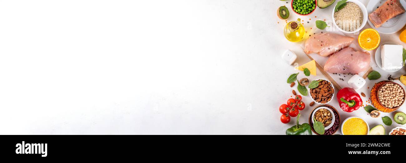 Clean Eating Diet foods background, fruits, vegetables, lean proteins ...