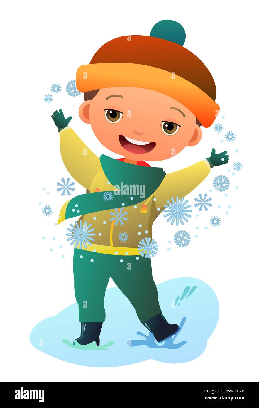 boy catches snowflakes. Child in winter clothes. Fun frost. Winter ...
