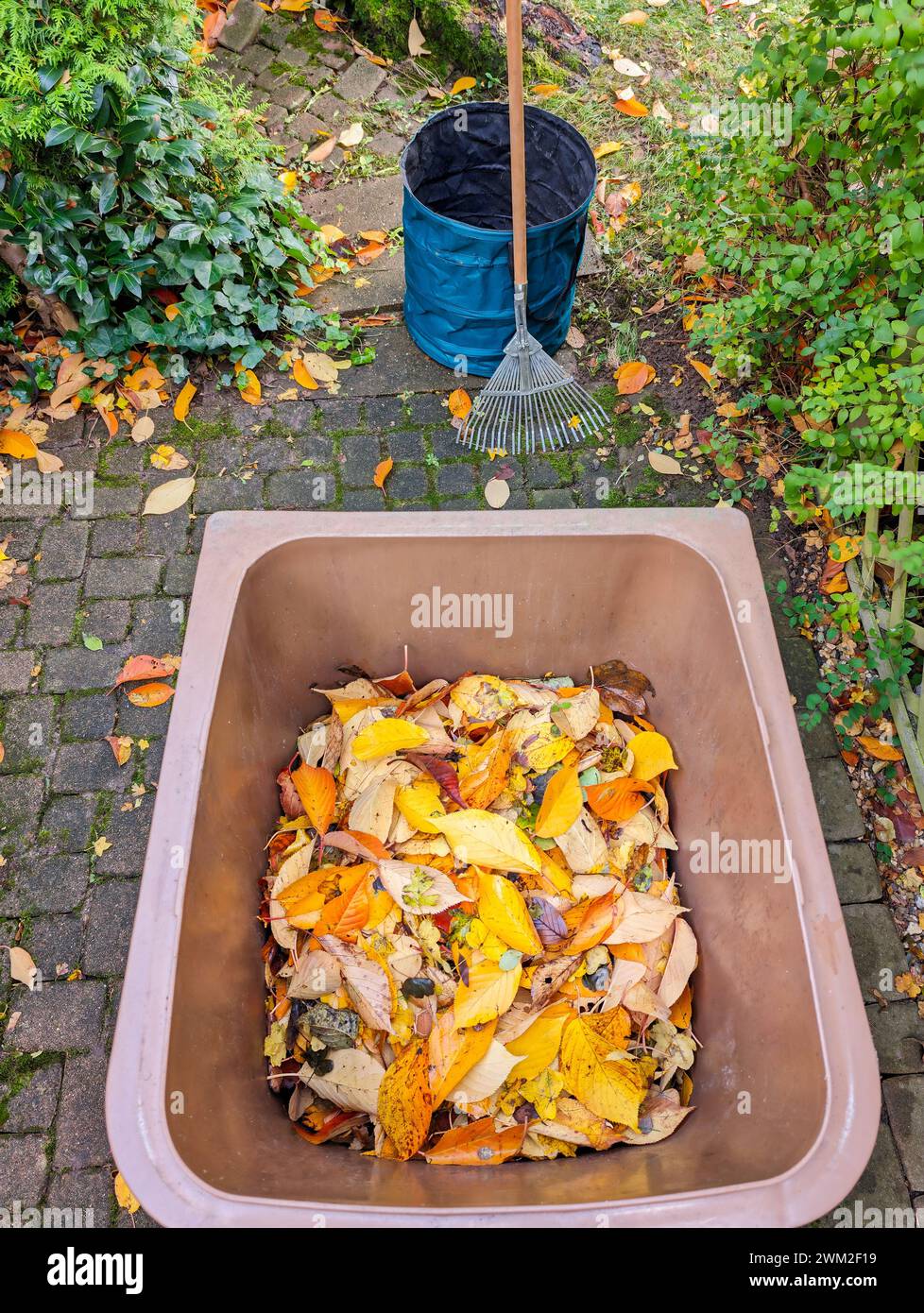 a brown organic waste garbage can filled with colorful leaves and a ...