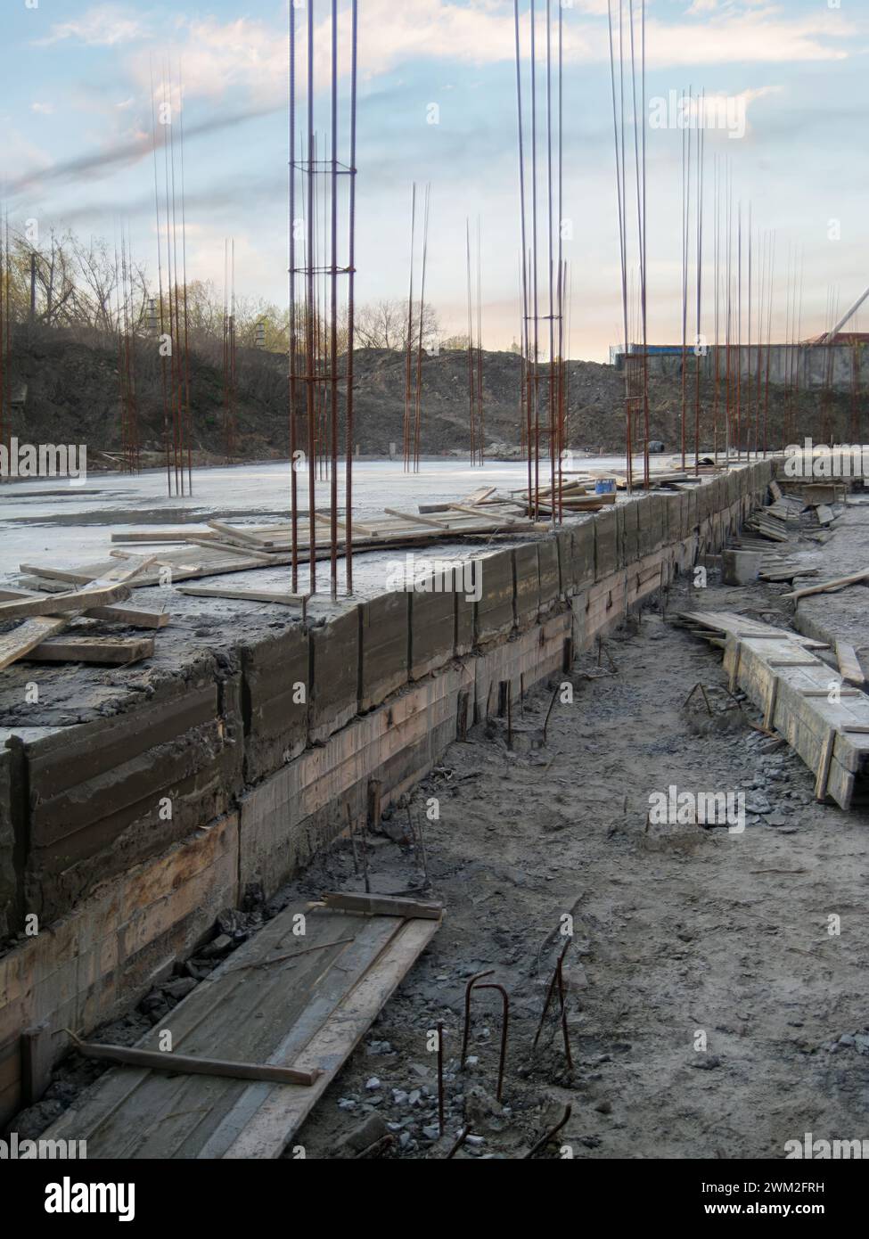 Early stage of construction concrete slab and rebar structures. Rebar ...