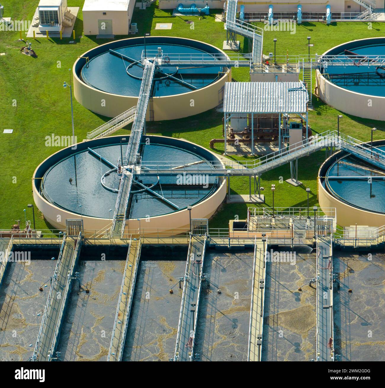 Aerial view of water treatment factory at city wastewater cleaning ...