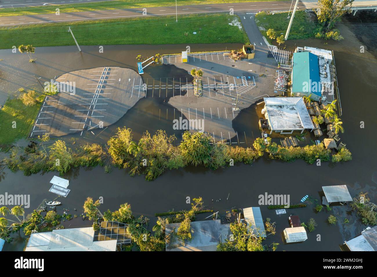Aftermath of natural disaster. Surrounded by hurricane Ian rainfall ...