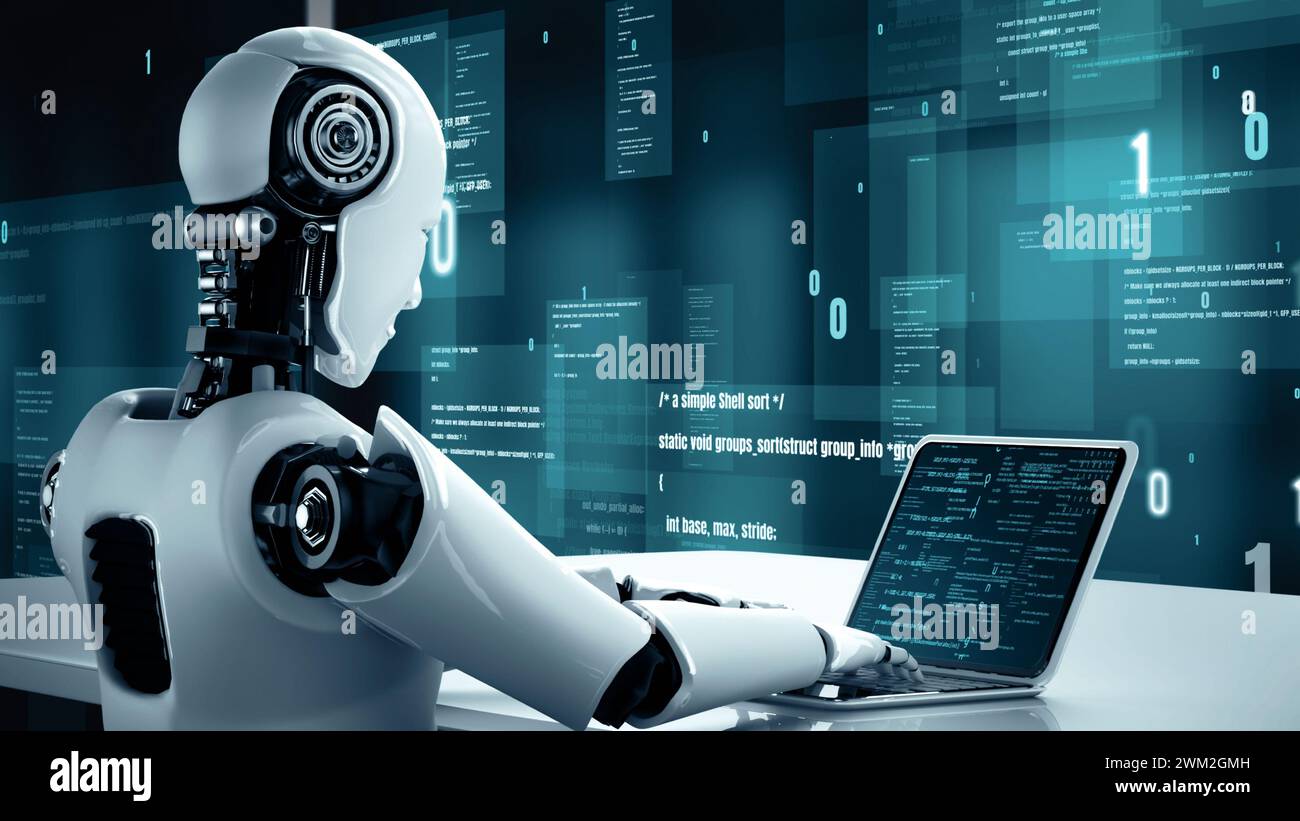 XAI 3d illustration Futuristic robot artificial intelligence huminoid AI programming coding ...