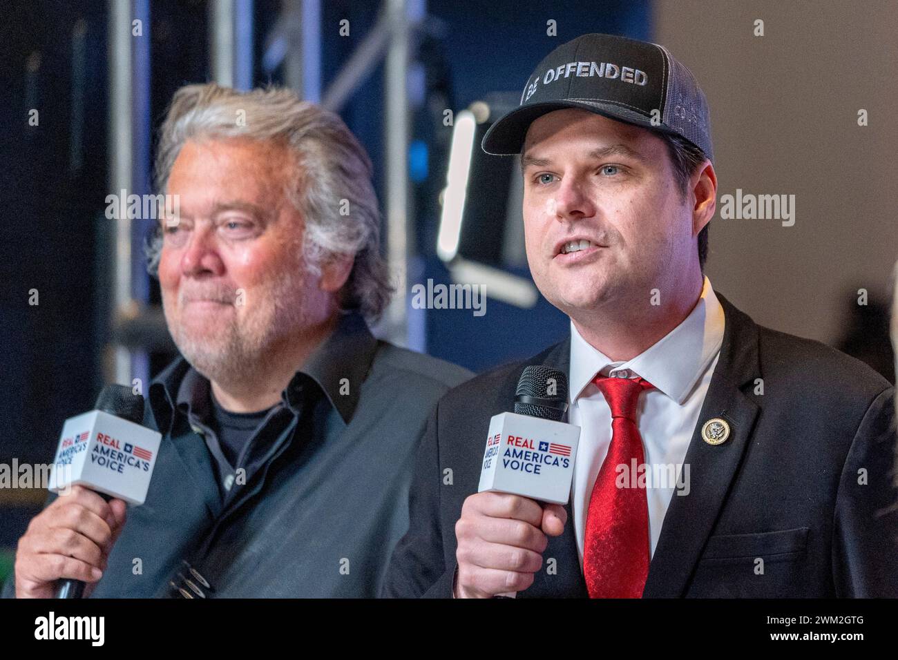Steve Bannon, left, and Rep. Matt Gaetz, R-Fla., speak during the ...