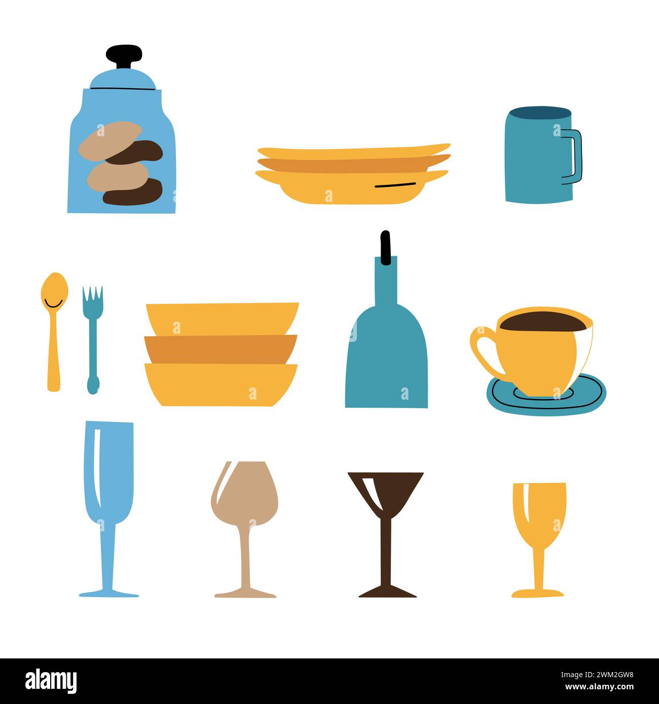 Colourful set of dining cutlery and dishes isolated on white background ...