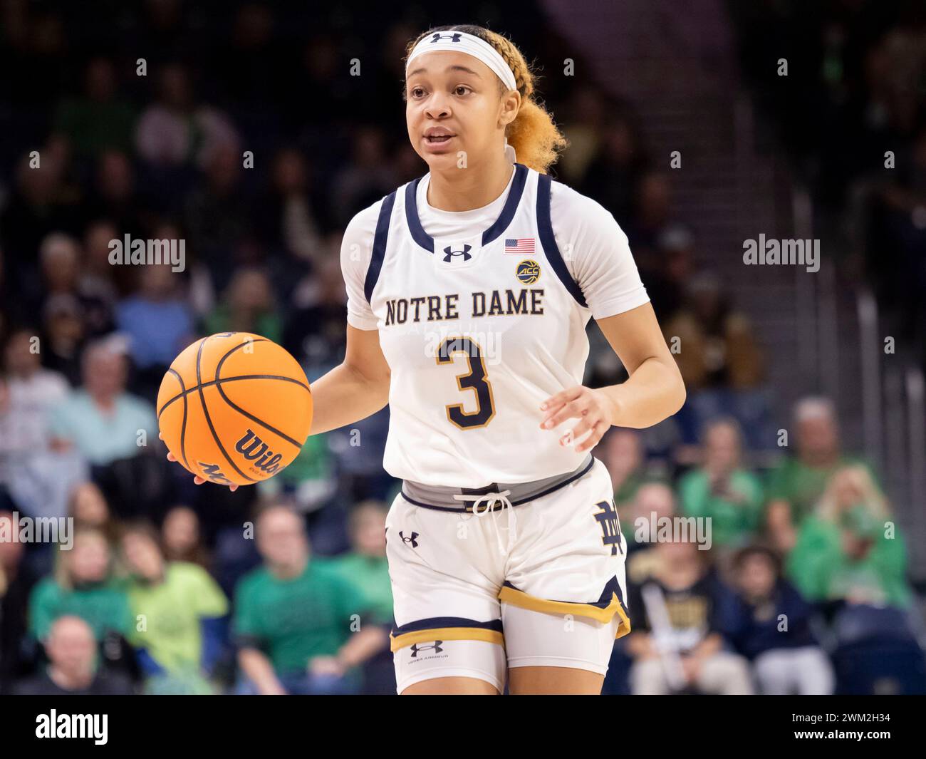 SOUTH BEND, IN - FEBRUARY 22: Notre Dame Fighting Irish guard Hannah Hidalgo (3) dribbles the ...