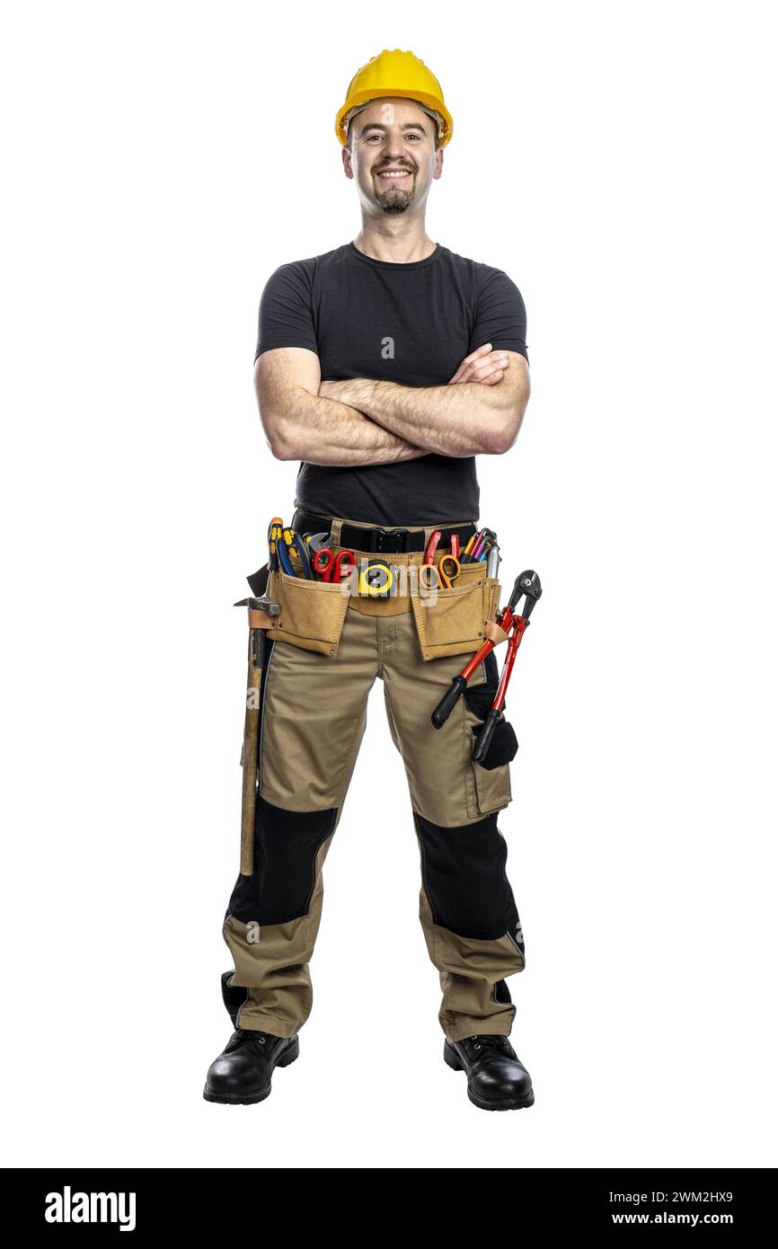 Smiling male builder in workwear with arms crossed on a transparent ...