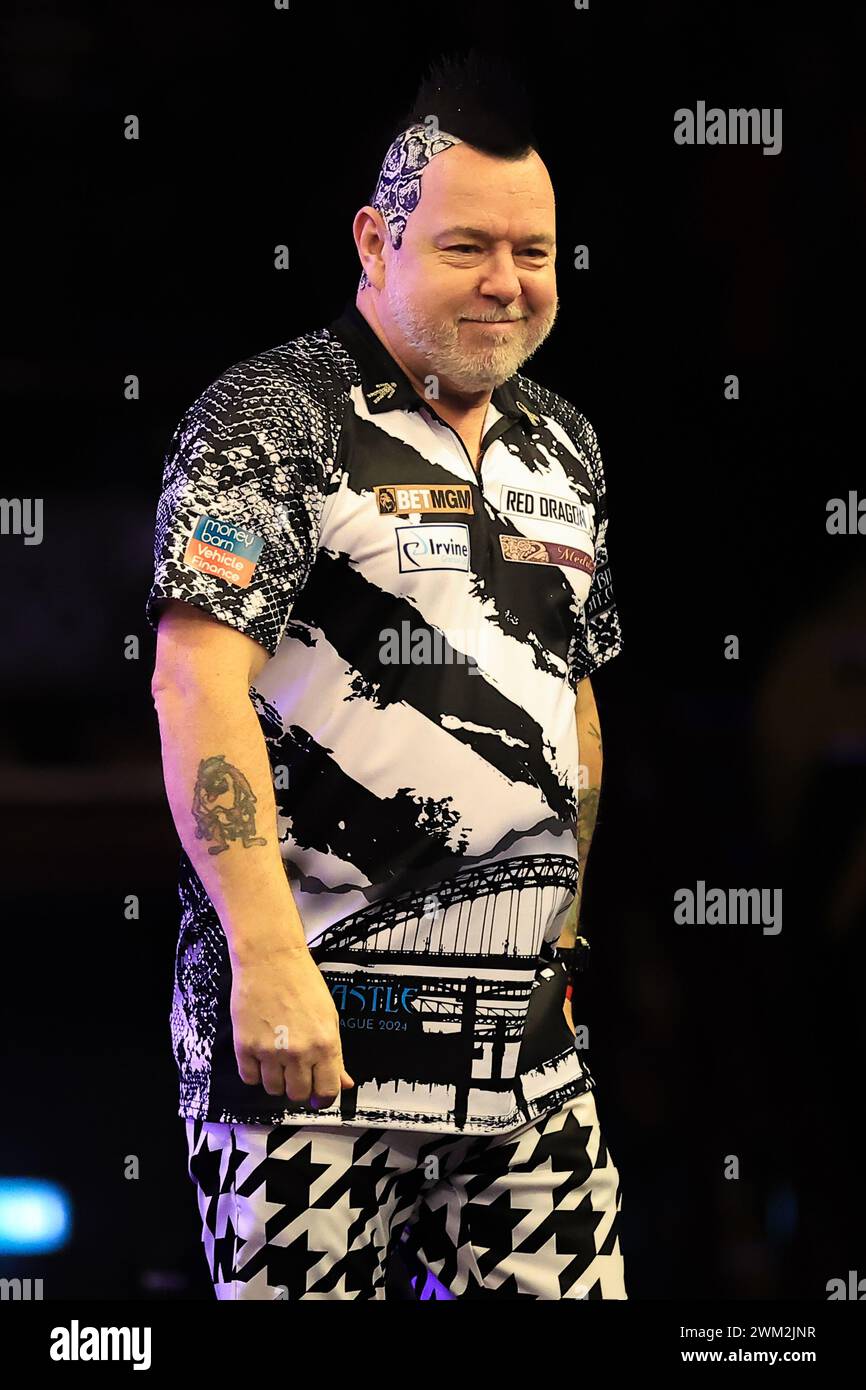 Newcastle, UK. 22nd Feb, 2024. Peter Wright smiles towards the crowd as ...