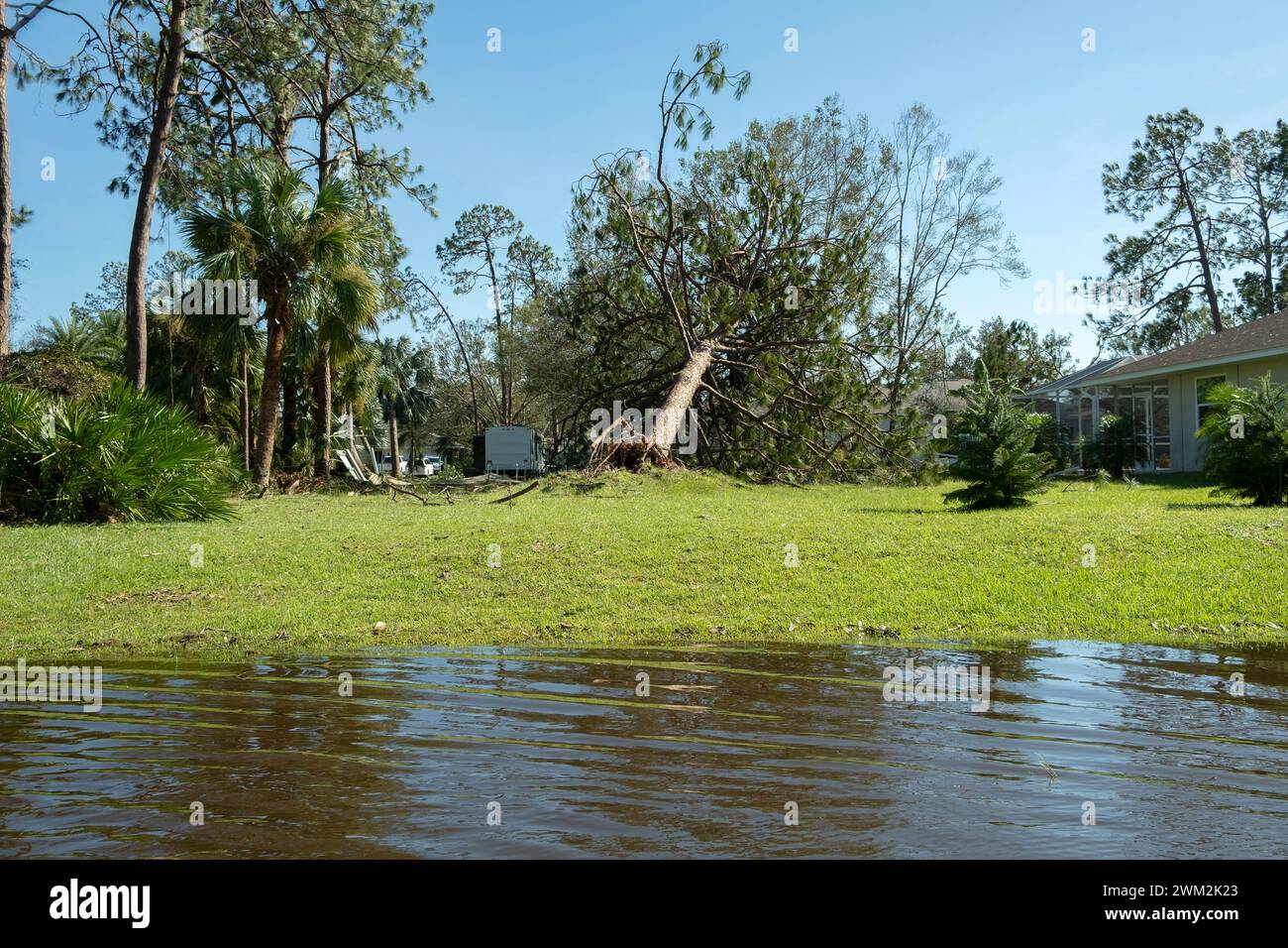 Flooded empty street after hurricane rainfall in Florida residential ...