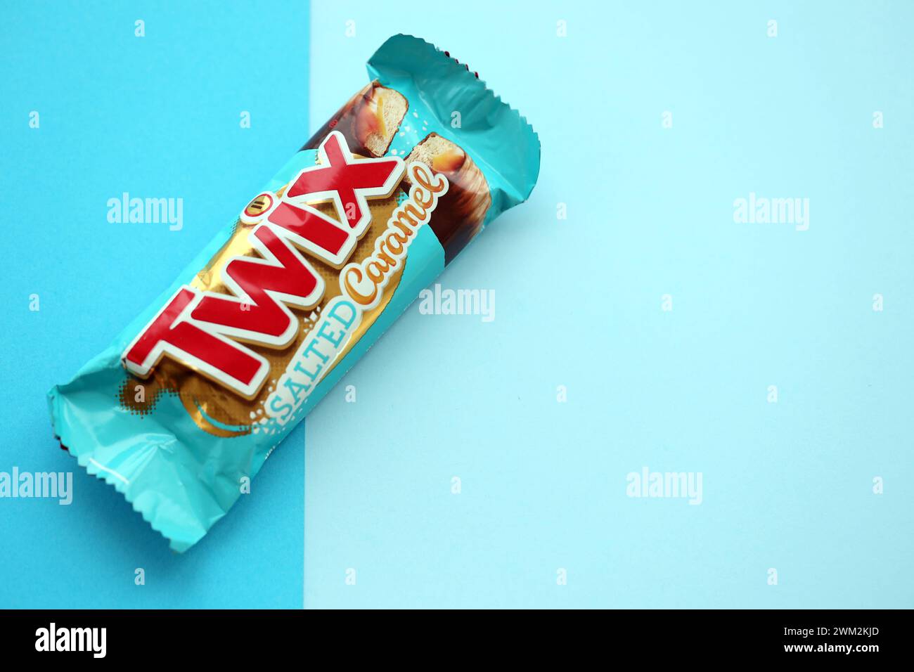 TERNOPIL, UKRAINE - JULY 7, 2023 Twix salted caramel blue wrapper on ...
