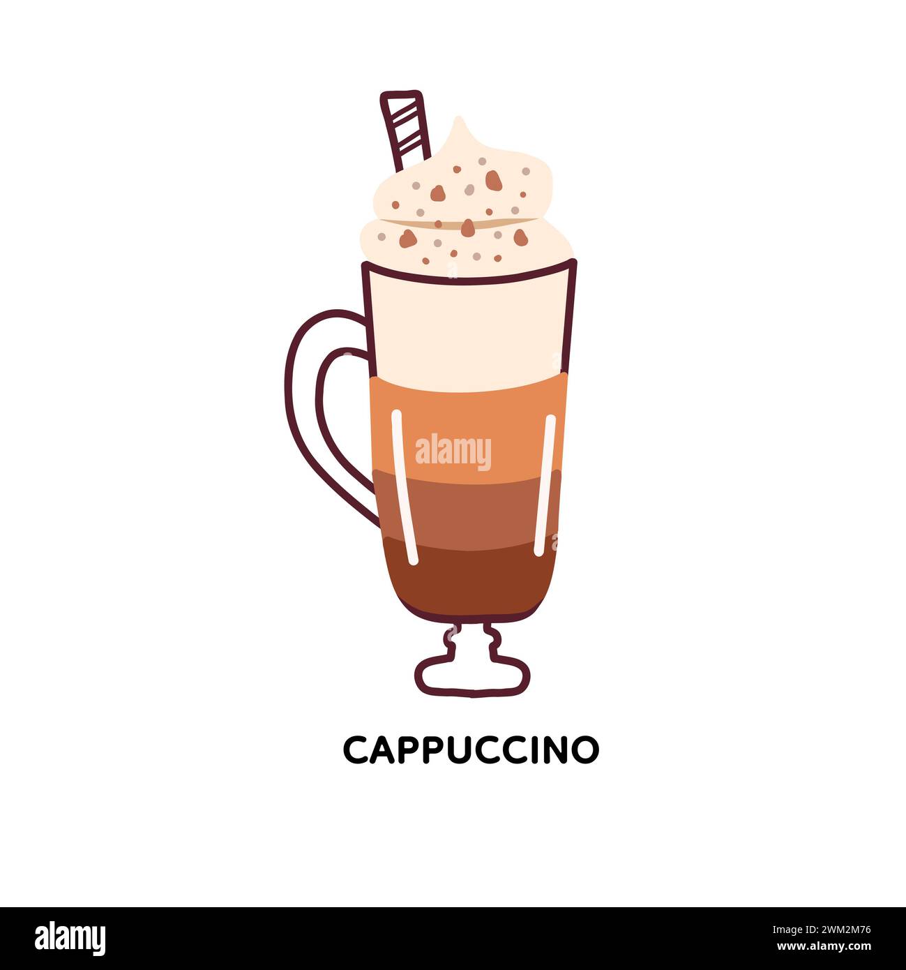 Cute vector illustration of Cappuccino in glass with straw. Element ...