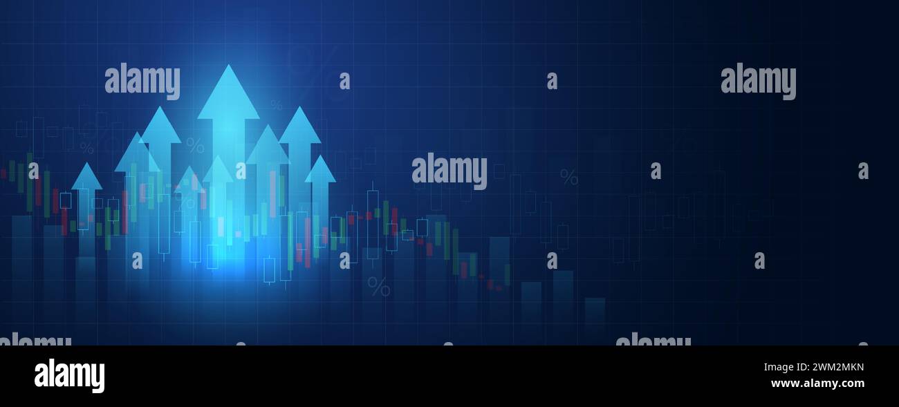 A luminous arrow pointing upwards on a dark blue background with space ...