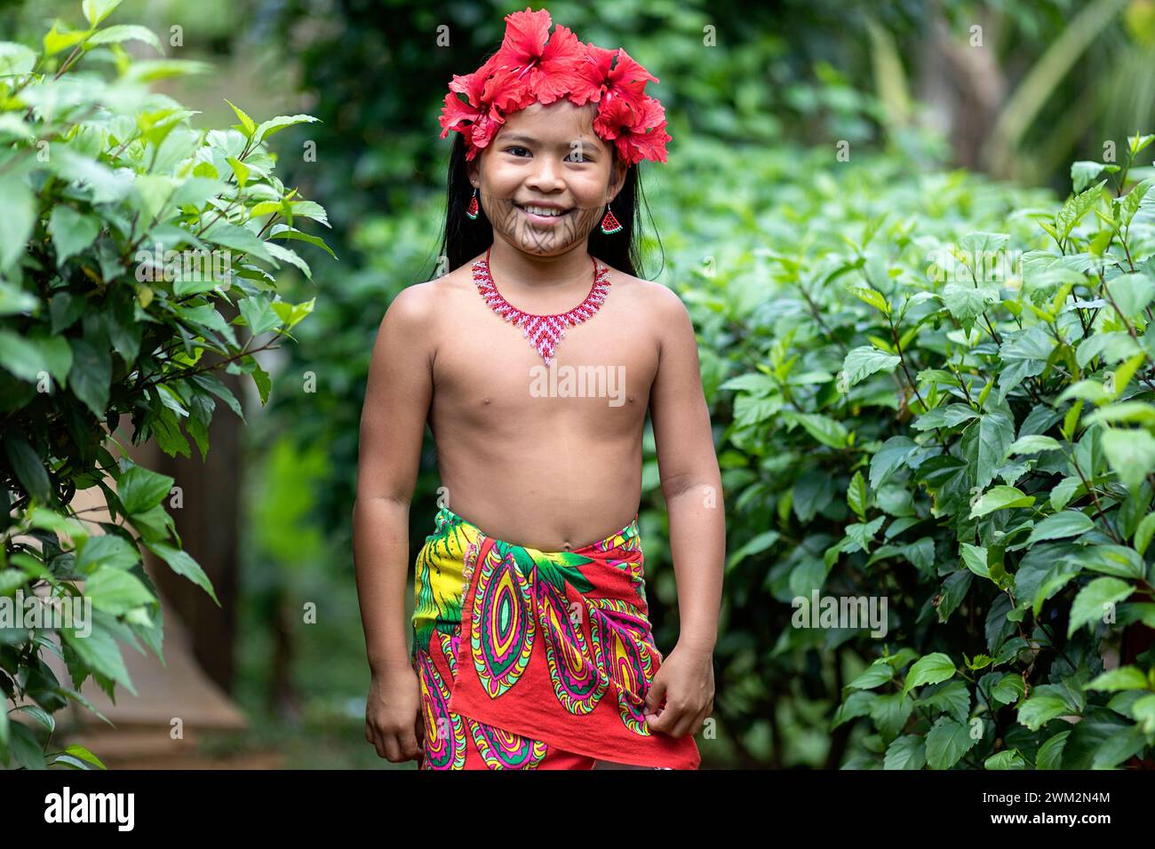 Portrait Of A Girl From Embera Tribe From A Village In Chagres National Park With Traditional