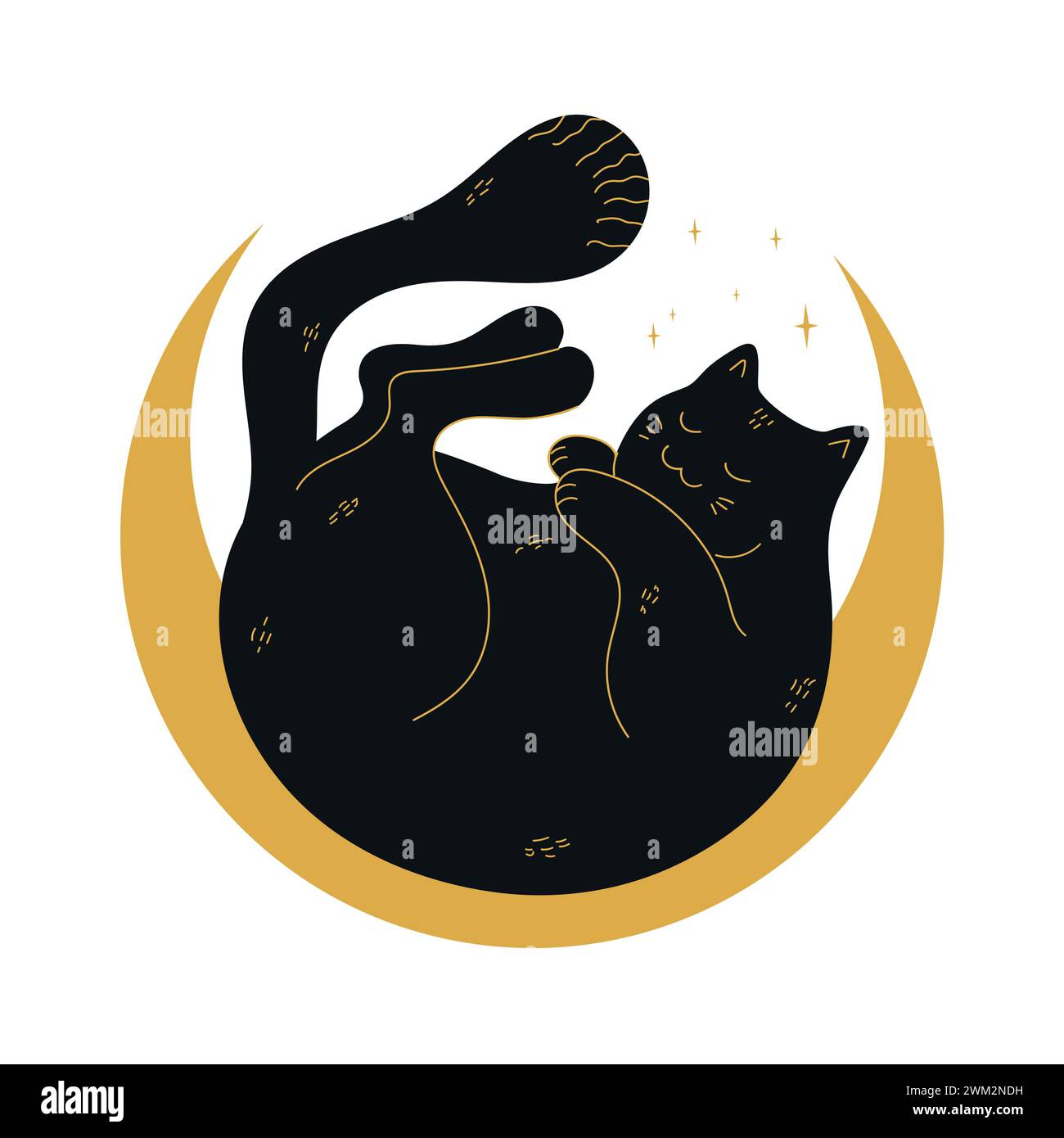 Fat black cat is lying on a crescent curled up. Vector illustration ...