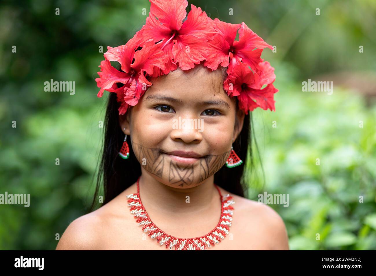 Portrait Of A Girl From Embera Tribe From A Village In Chagres National Park With Traditional