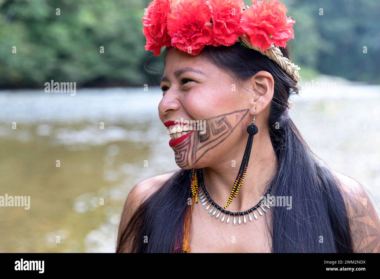 Smiling Beautiful woman from Embera tribe from a village in Chagres ...