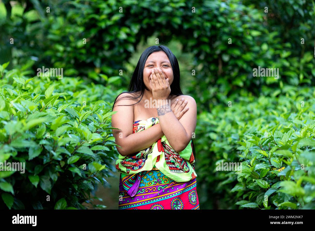 Smiling Beautiful woman from Embera tribe from a village in Chagres ...