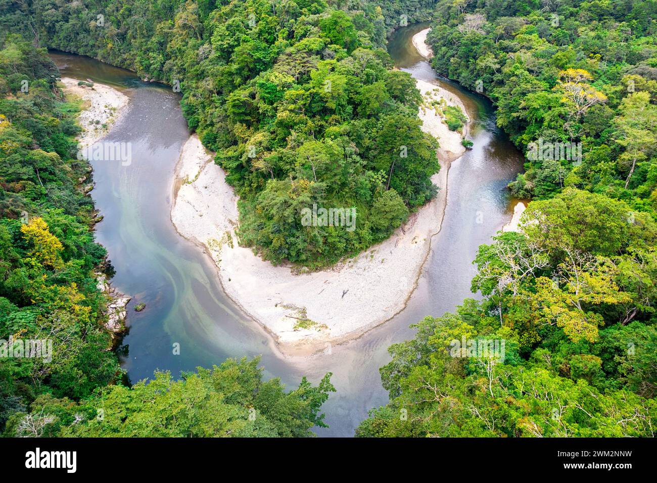 Aerial view of a River horseshoe bend of the Pequeni river in a ...