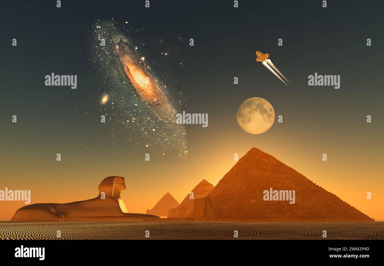 A Spiral Galaxy In The Sky Above , Ancient Egyptian Monuments Stock ...