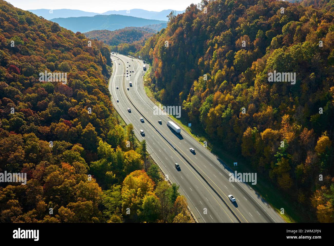 View from above of I-40 freeway route in North Carolina leading to ...