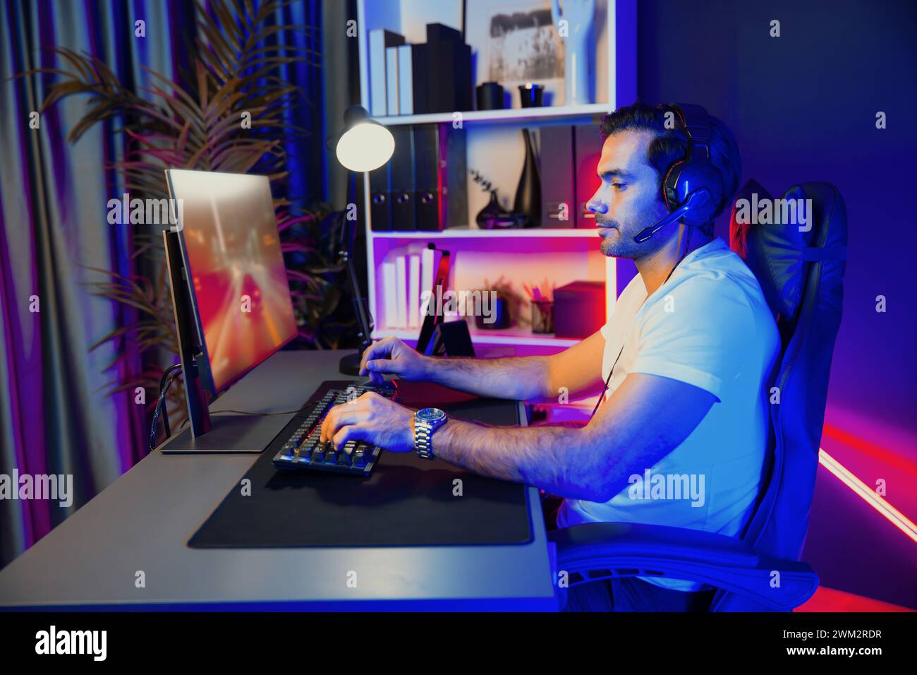 Wearing headphones smart gaming streamer enjoy playing car racing ...