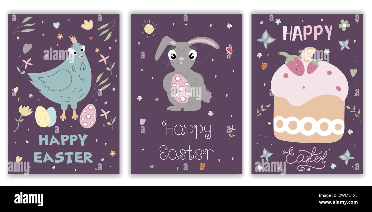Happy Easter postcards. A set of vector Easter illustrations. Easter ...