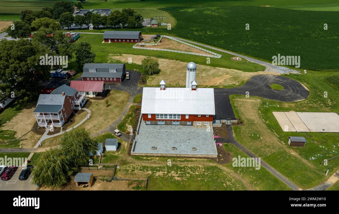 Aerial View Of A Rural Landscape Showing Multiple Red And White ...