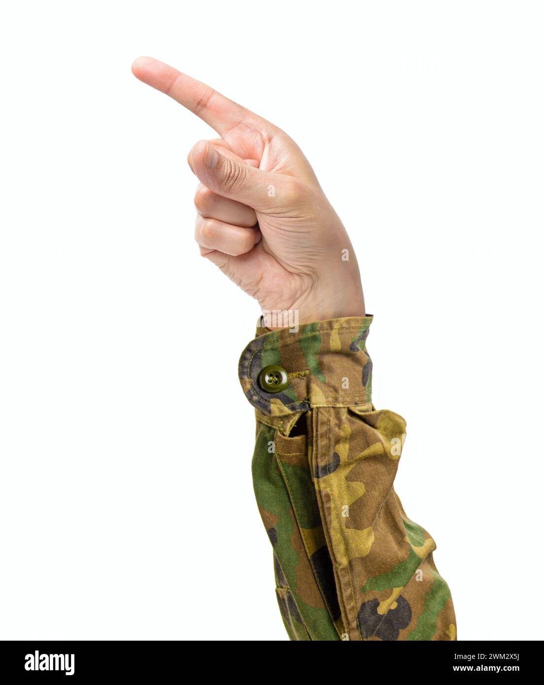 Man hand pointing at side with forefinger isolated on a white ...