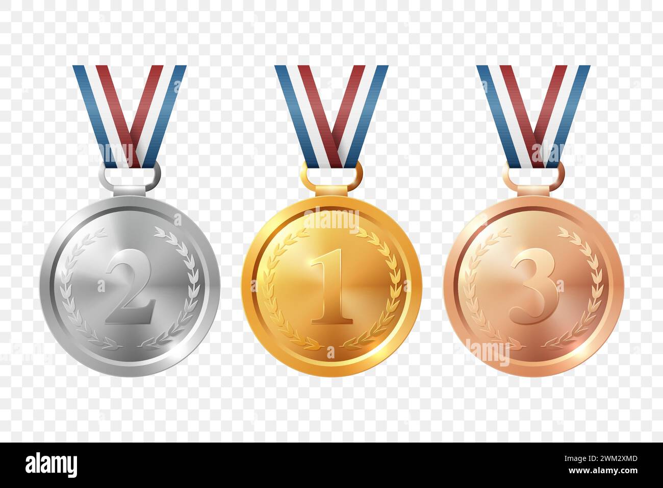 Vector Gold, Silver, and Bronze Award Medal Icon Set with Color Ribbons ...