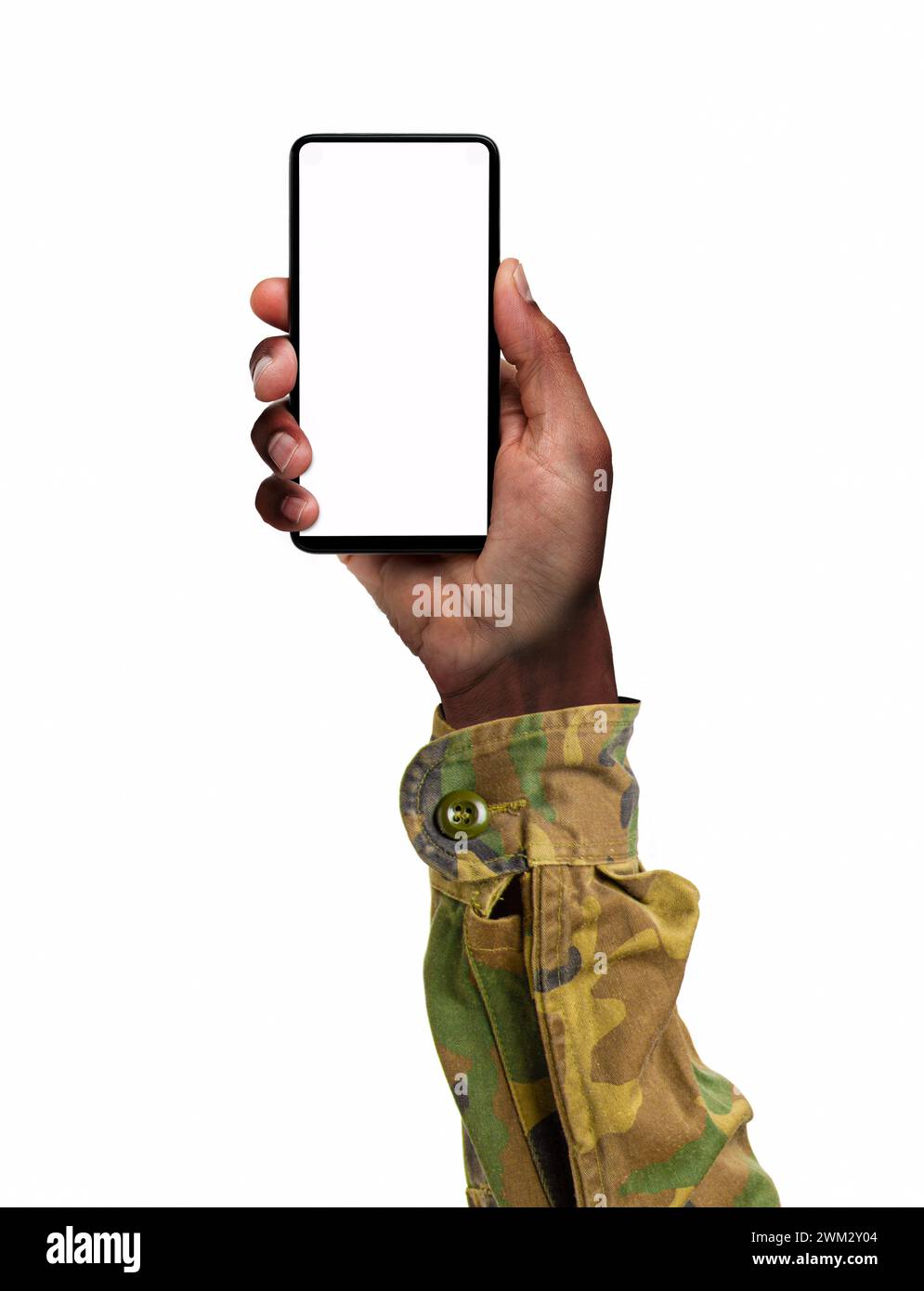 Hand of a man in military clothing a smart phone screen isolated on a ...