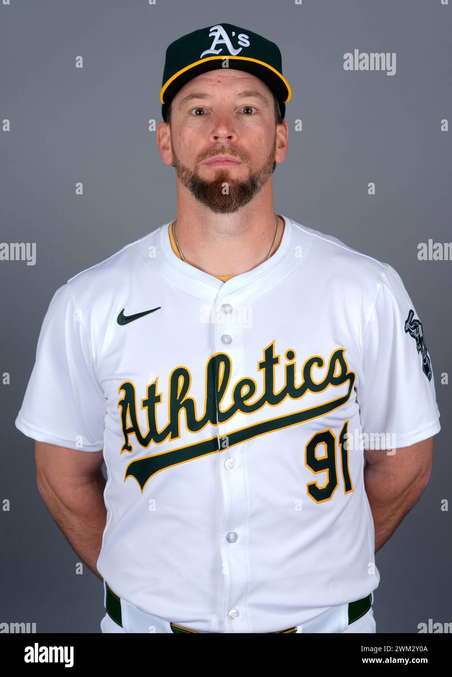 This is a 2024 photo of bullpen catcher Dustin Hughes of the Oakland ...