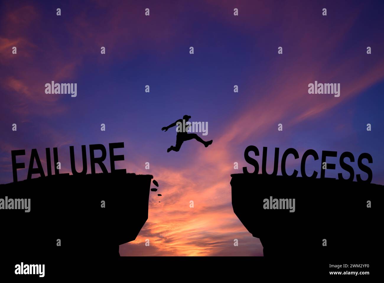 Man jump across text failure to success over cliff on sunset background ...