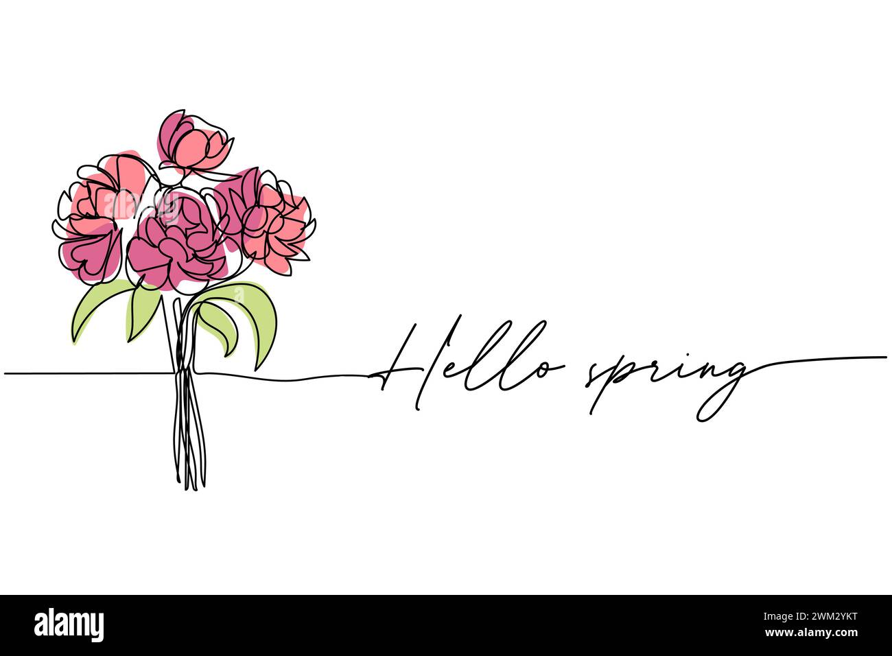 Hello spring, bouquet of peonies line art drawing, One continuous line ...