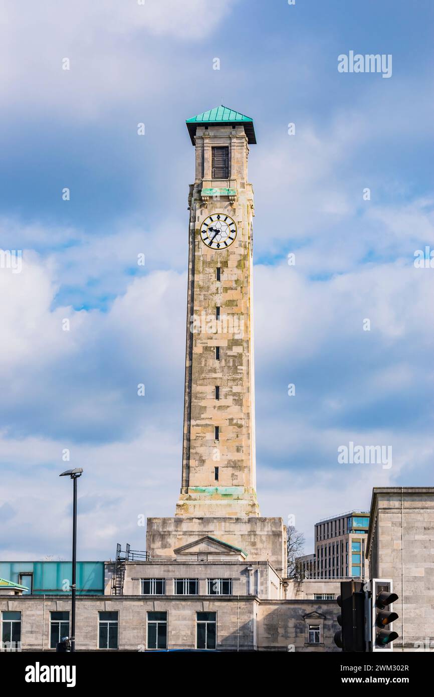 Kimber's Tower. Stone clock tower at Civic Centre designed by architect ...