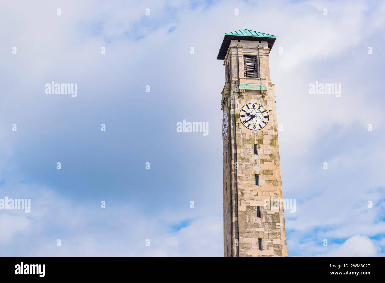 Kimber's Tower. Stone clock tower at Civic Centre designed by architect ...