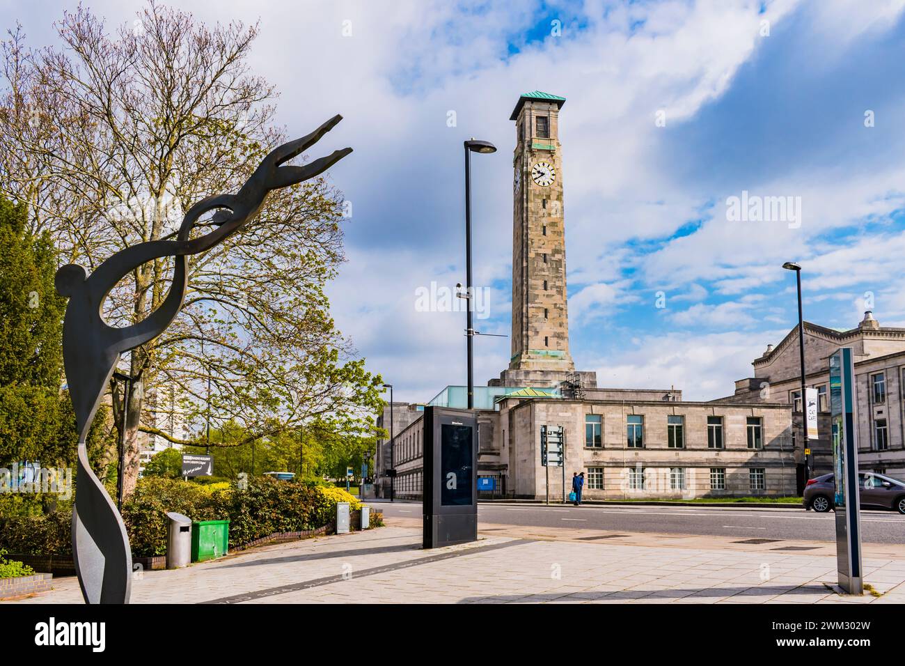 Kimber's Tower. Stone clock tower at Civic Centre designed by architect ...
