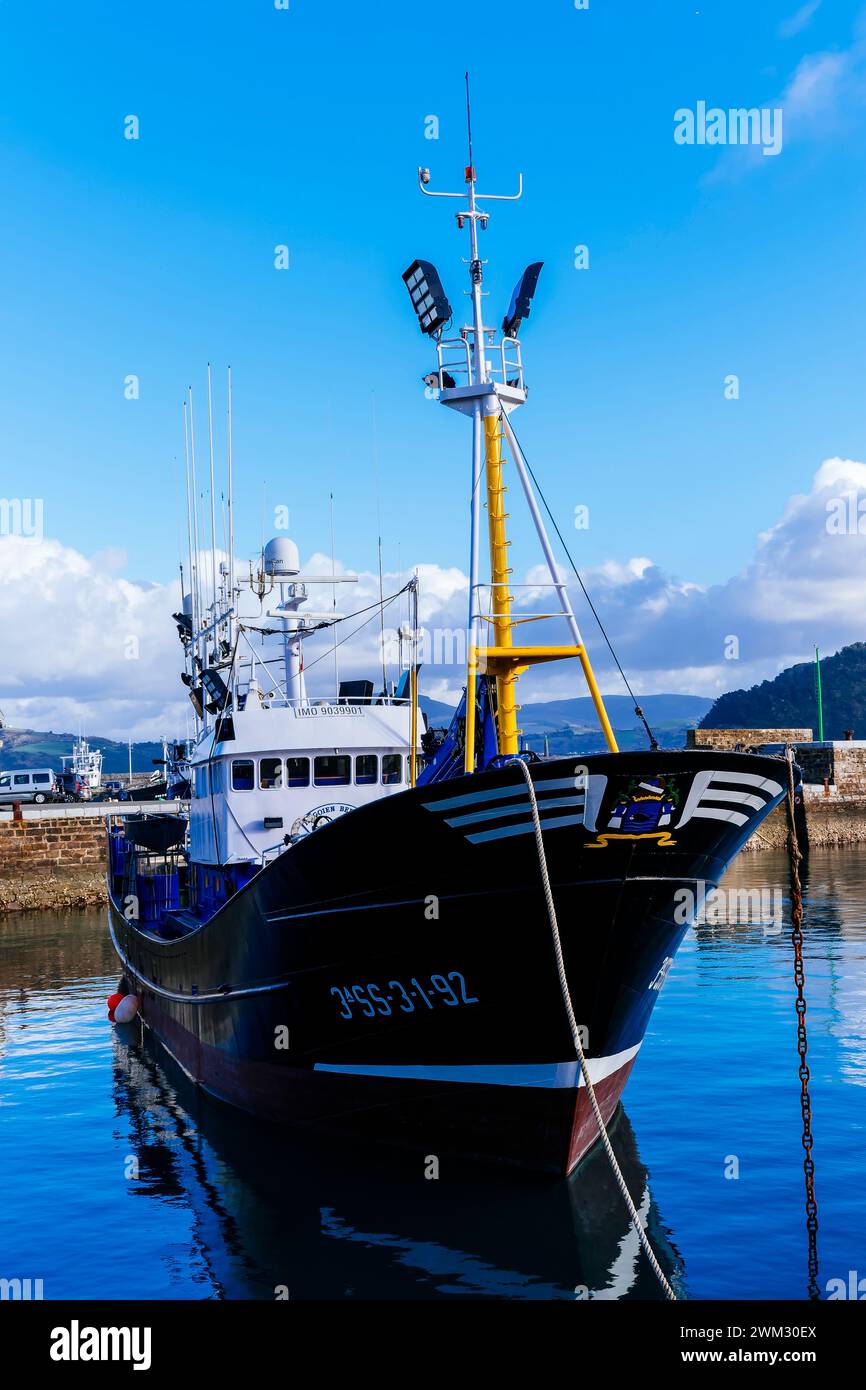 Deep sea fishing boat docked in the Getaria port. Getaria, Guipúzcoa ...