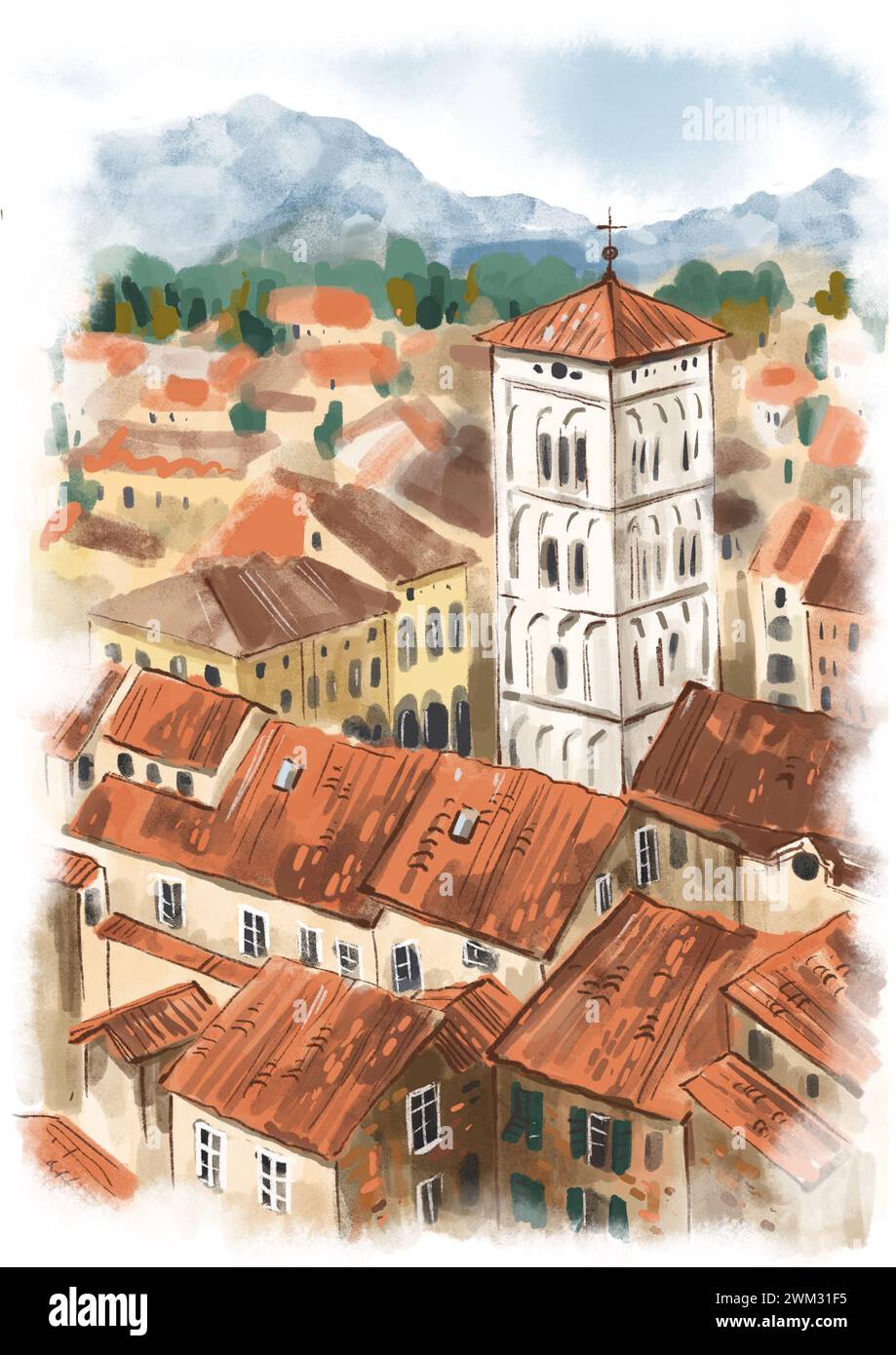 Italian town panorama. Old clock tower. Tiled roofs. Italy architecture ...