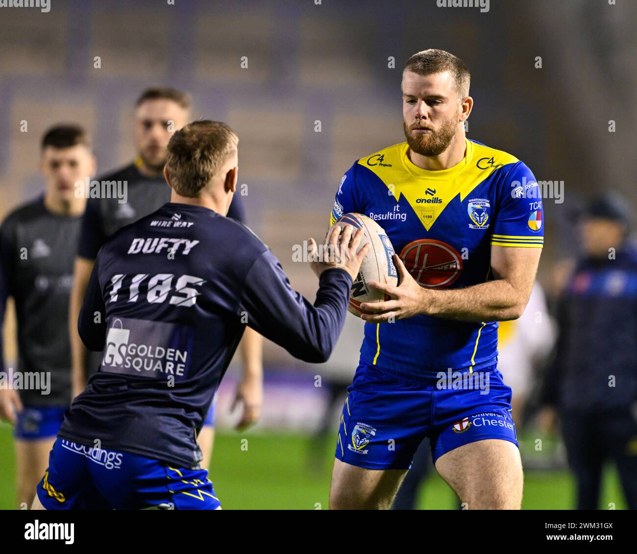 Joe Bullock of Warrington Wolves during pre match warm up during the ...