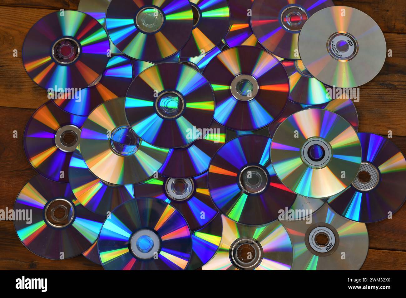 KYIV, UKRAINE - 4 MAY, 2023: Many old CDs represent technology from the ...