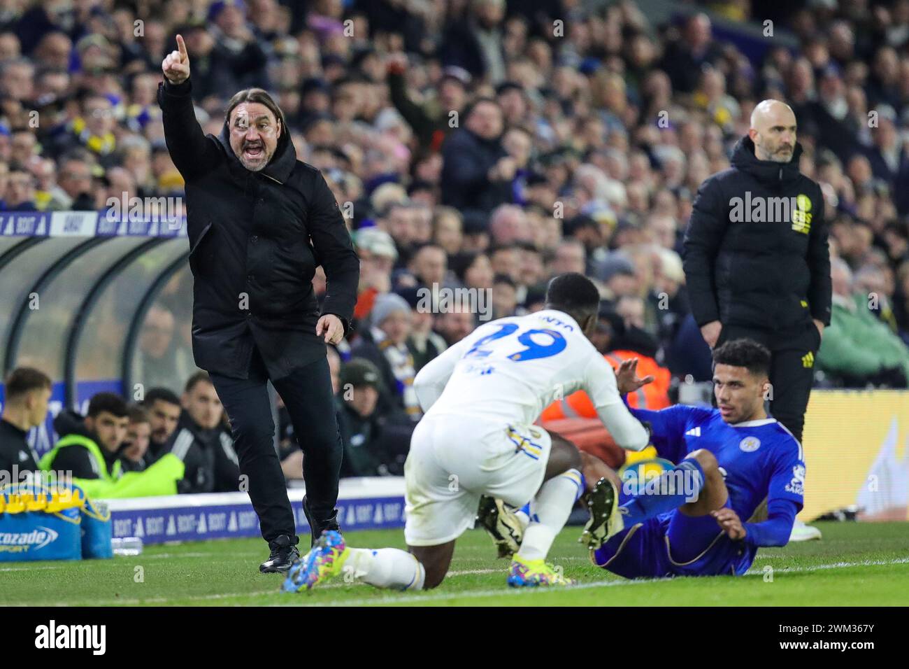 Daniel Farke manager of Leeds United gestures and reacts during the Sky ...