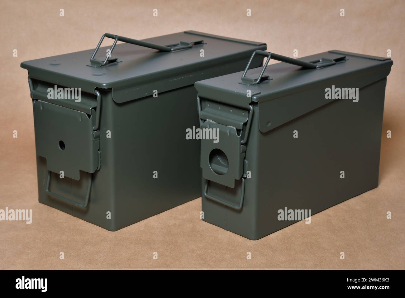 Military ammunition green metal boxes with close lid. Isolated on craft ...