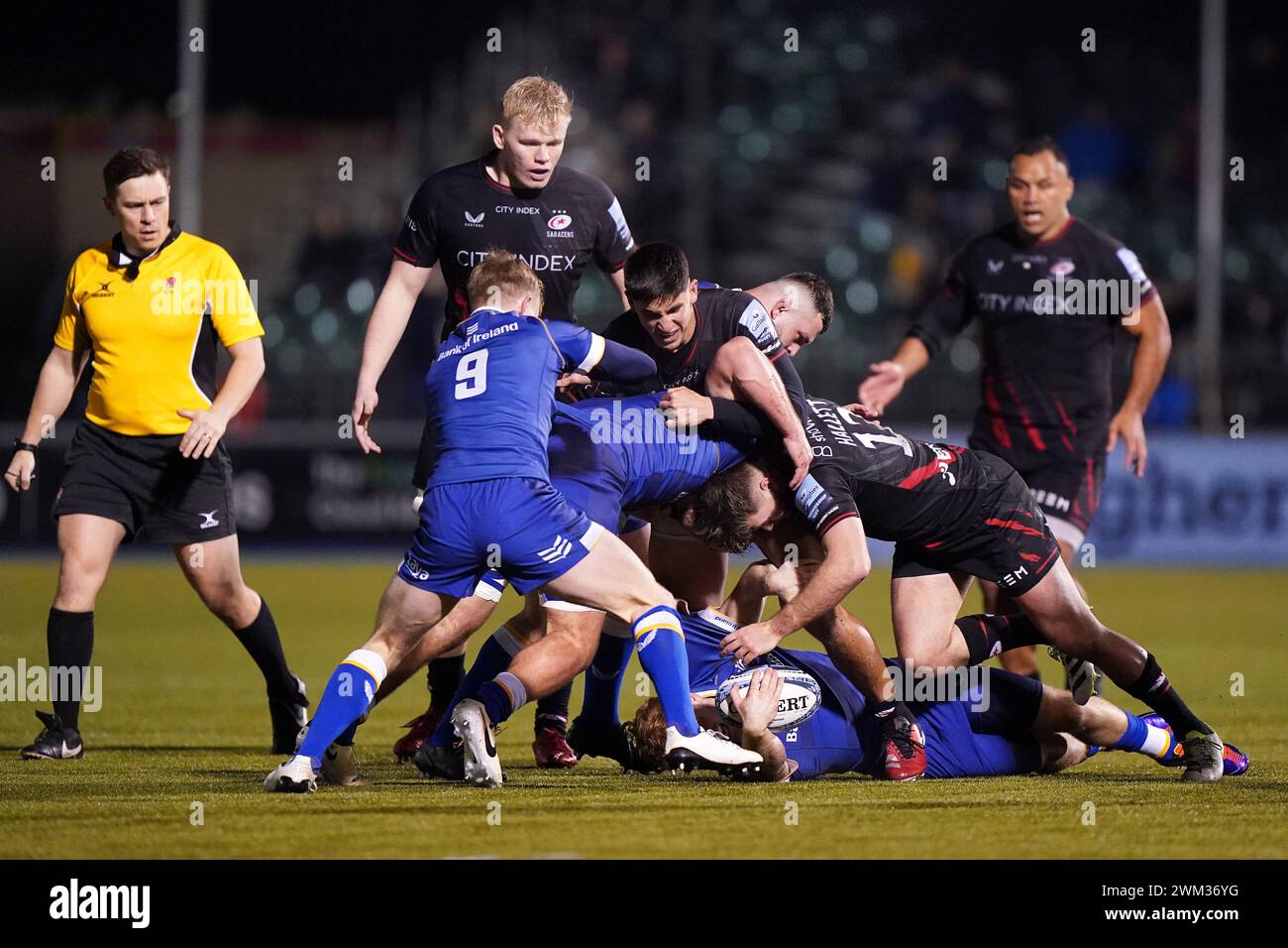 Leinster’s Henry McErlean is tackled by Saracens’ Josh Hallett during ...
