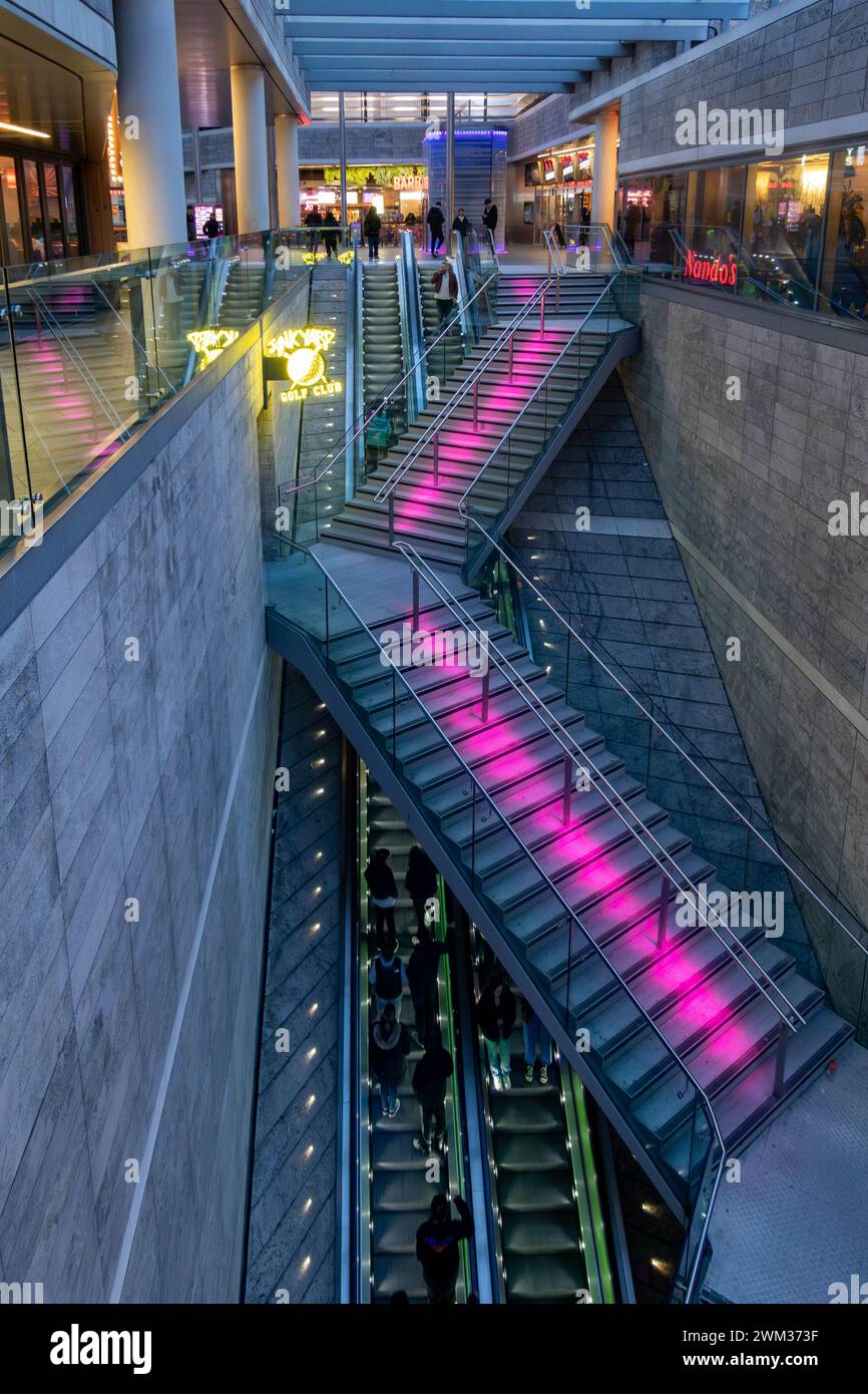 Escalators and stairs in Liverpool ONE shopping centre in city centre ...