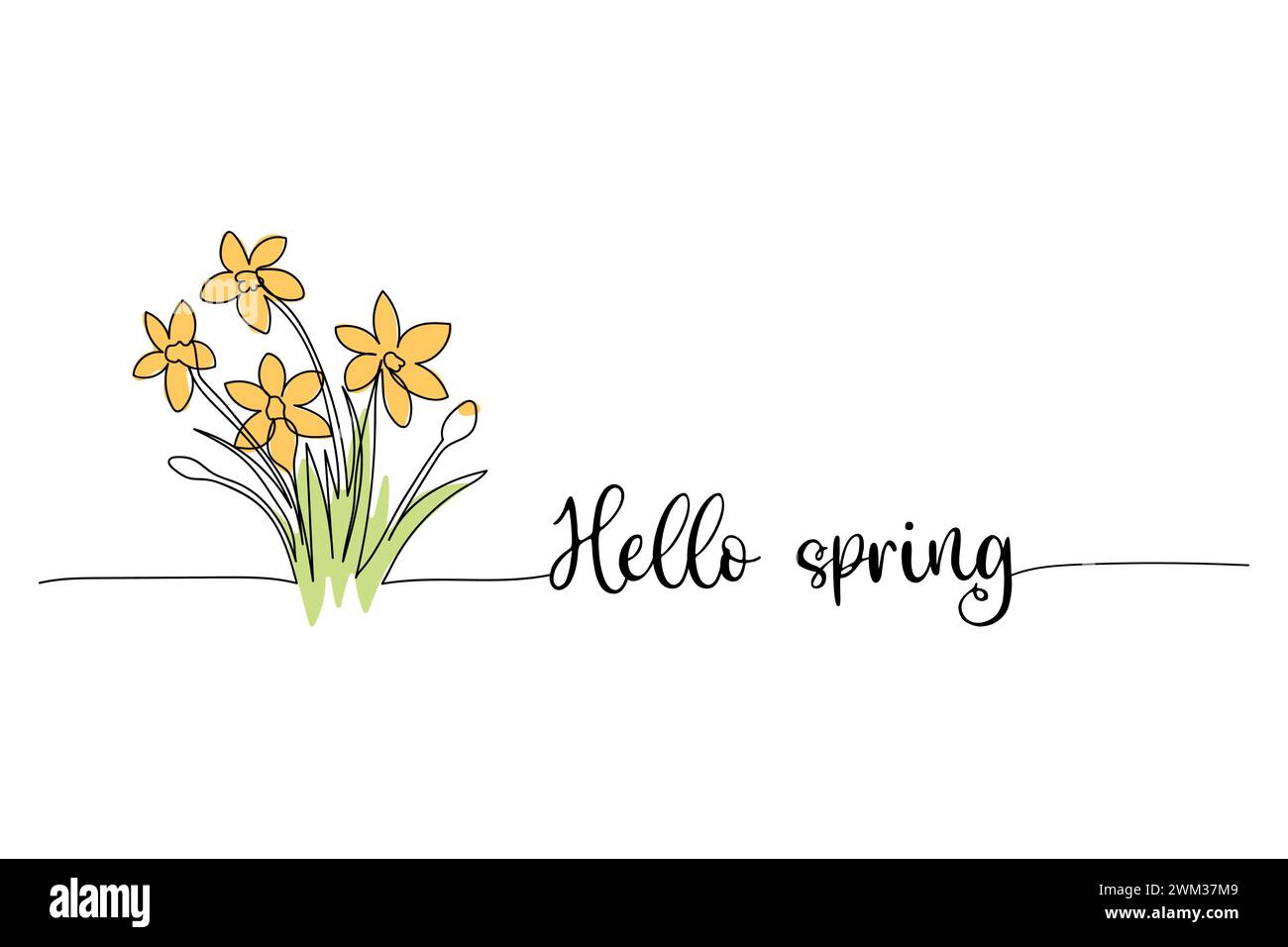 Hello spring, bouquet of daffodil line art drawing, One continuous line ...
