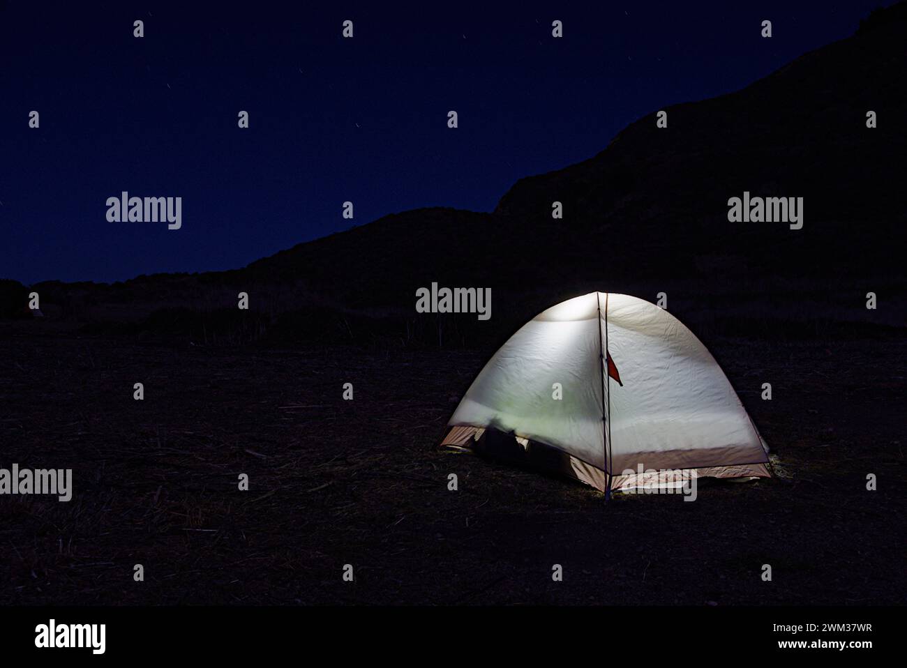 Lighted tent in the night at Wildcat campground, Point Reyes National ...