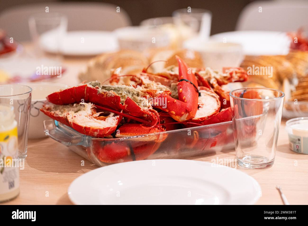 Red cooked lobster on a table Stock Photo - Alamy