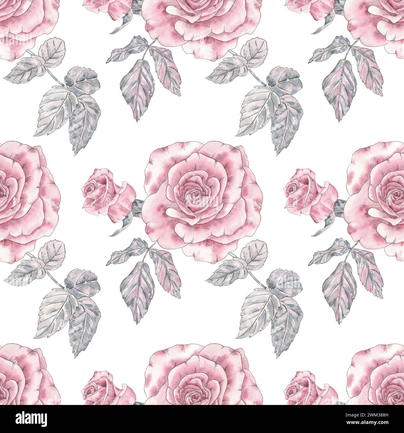 Rose peony pink and leaves seamless pattern watercolor vintage hand ...