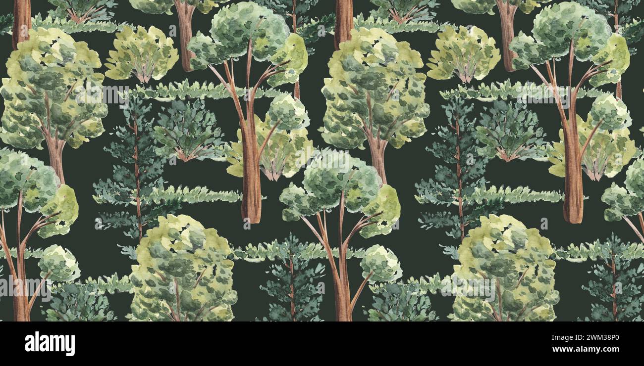 seamless pattern with watercolor green trees on white background. hand ...