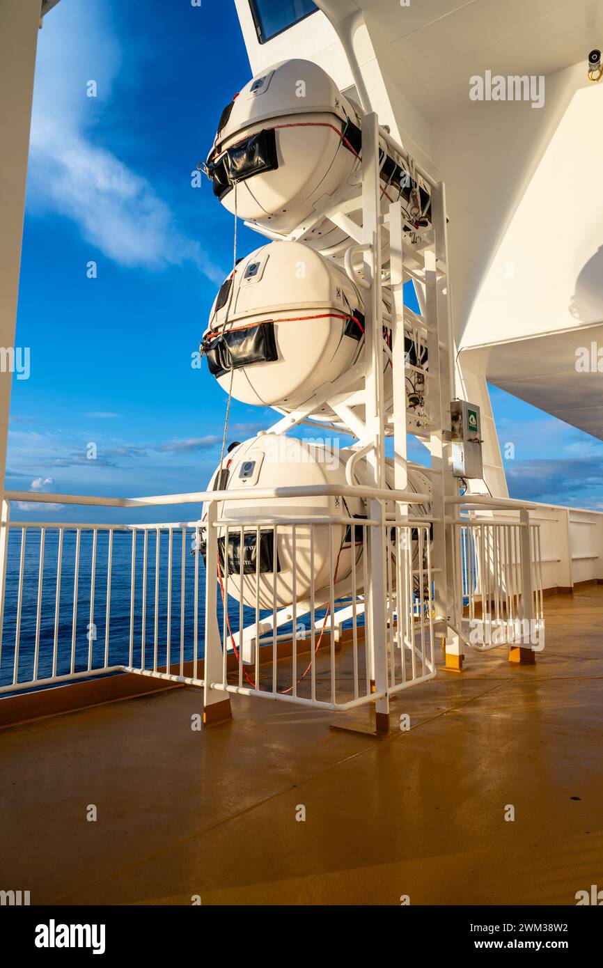 Str?mstad, Sweden - July 31 2023: Stack of life rafts on a cruise ferry ...